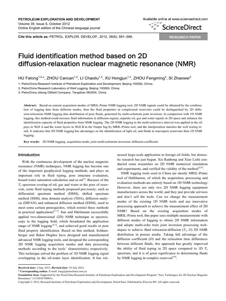 Fluid Identification Method Based On 2D Diffusion R - 2012 - Petroleum Explorati | PDF | Nuclear ...