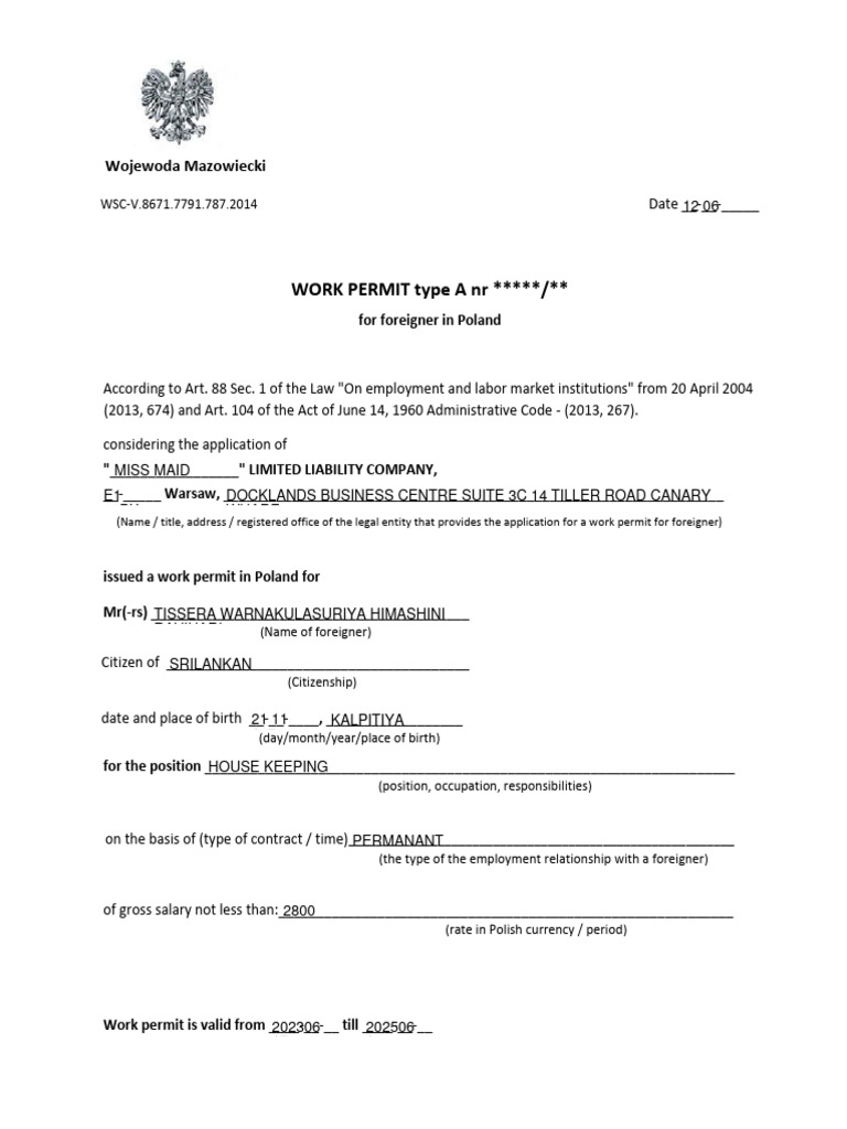 Poland Work Permit Offer Letter | PDF | Employment | Justice