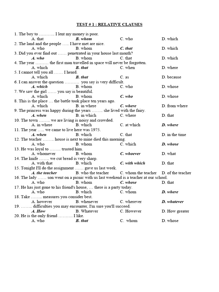 Relative Clause - Test 1,2,3,4 | PDF