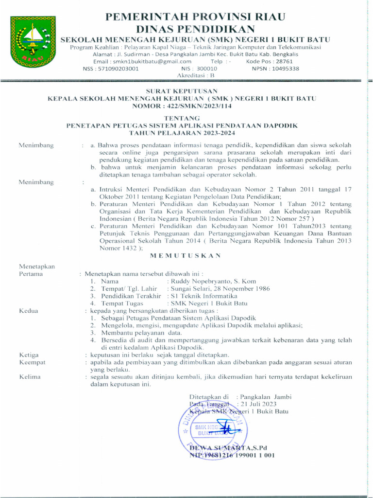 SK Operator Dapodik | PDF