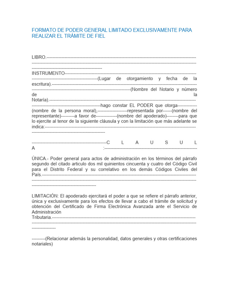 Formato de Poder General Limitado Exclusivamente para Realizar El Trámite de Fiel | PDF ...
