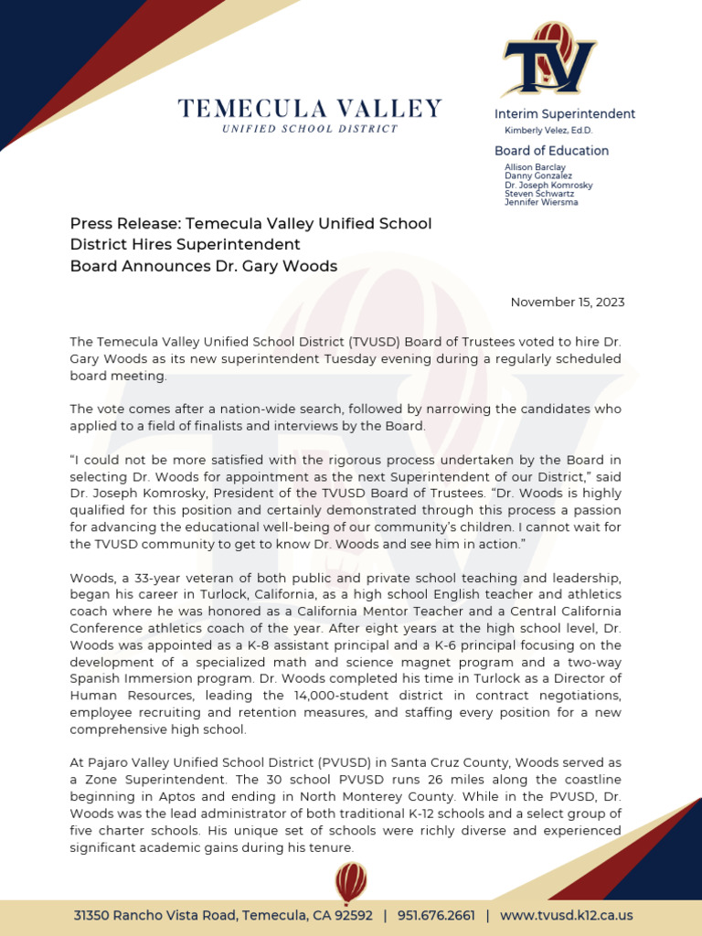 Temecula Valley Unified School District Press Release On New Superintendent | PDF