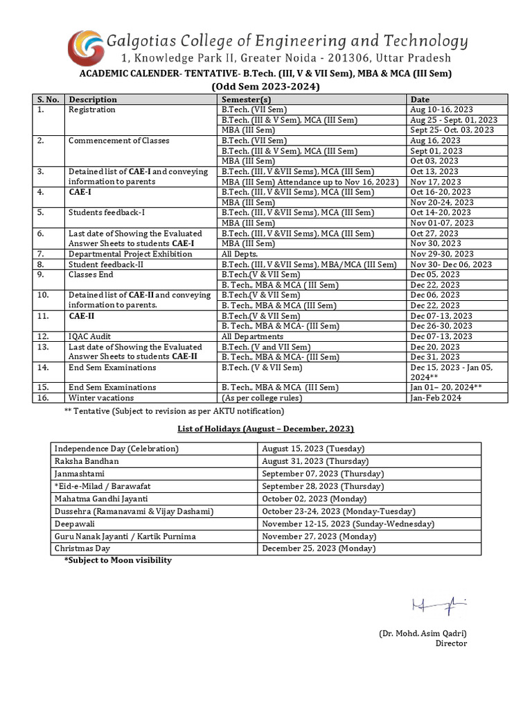 Acad Cal (BTech MCA MBA) ODD Sem - 2023 24 03072023 | PDF | Indian Religions | Festival
