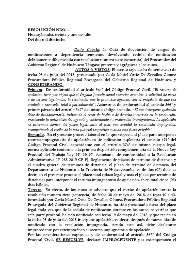 RESOLUCIÓN IMPROCEDENTE por extemporáneo el recurso impugnatorio de ...
