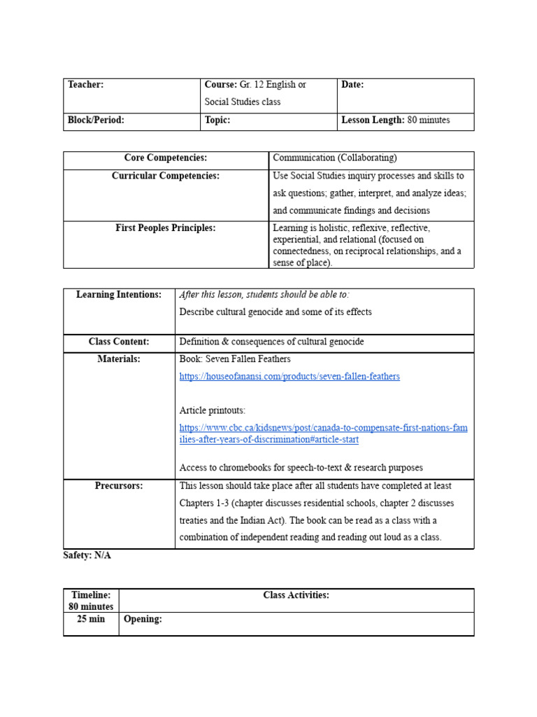 Lesson Plan - Seven Fallen Feathers | PDF | Communication | Human ...