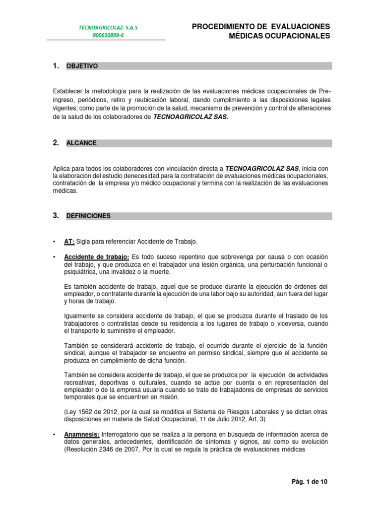 Procedimiento De Evaluaciones Médicas Ocupacionales Pdf Cuidado De