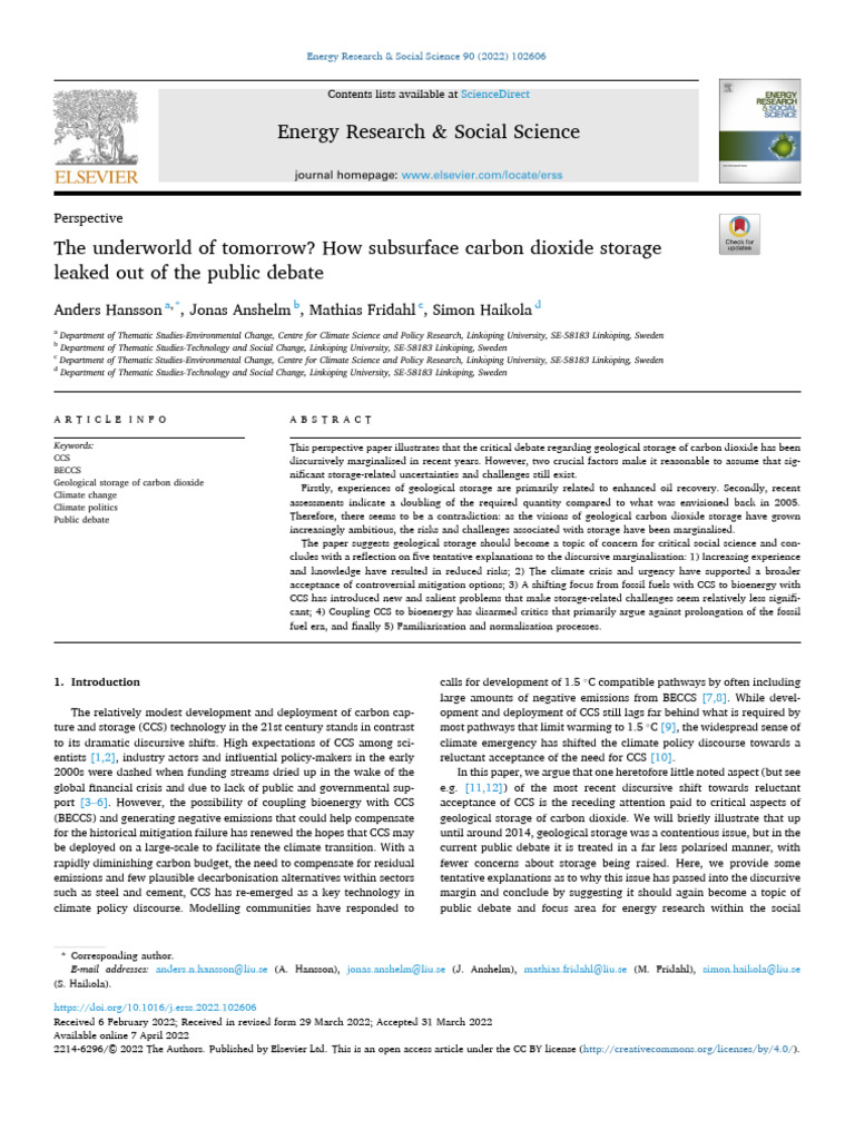 Paper How Subsurface Carbon Dioxide Storage Leaked Out Of The Public Debate Hansson Anshelm
