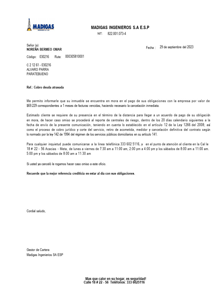 Carta De Cobranza A Cliente Moroso