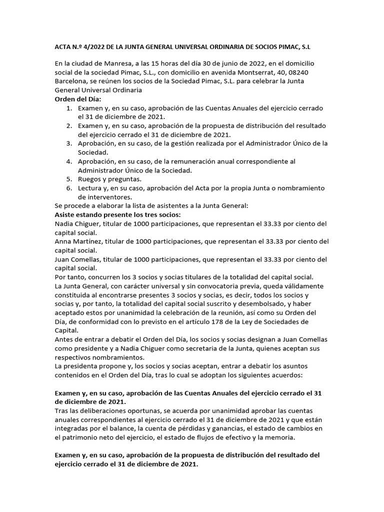 Acta de La Junta General Universal Ordinaria de Socios Pimac | PDF ... Acta de La Junta General Universal Ordinaria de Socios Pimac | PDF ...