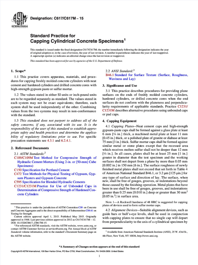 Capping Concrete Cylinders Standard | PDF | Concrete | Cement