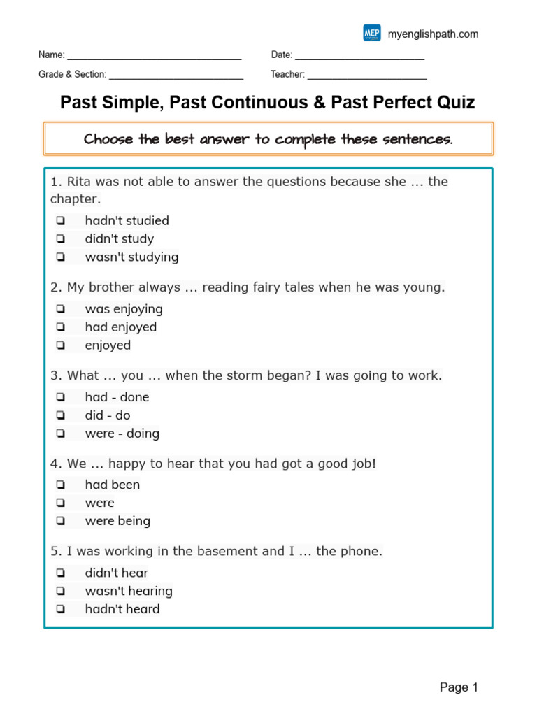 Past Simple Past Continuous Past Perfect Quiz AK | PDF