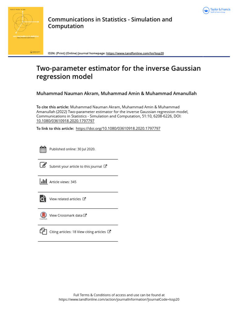 Two-parameter Estimator for the Inverse Gaussian Regression Model | PDF | Multicollinearity ...