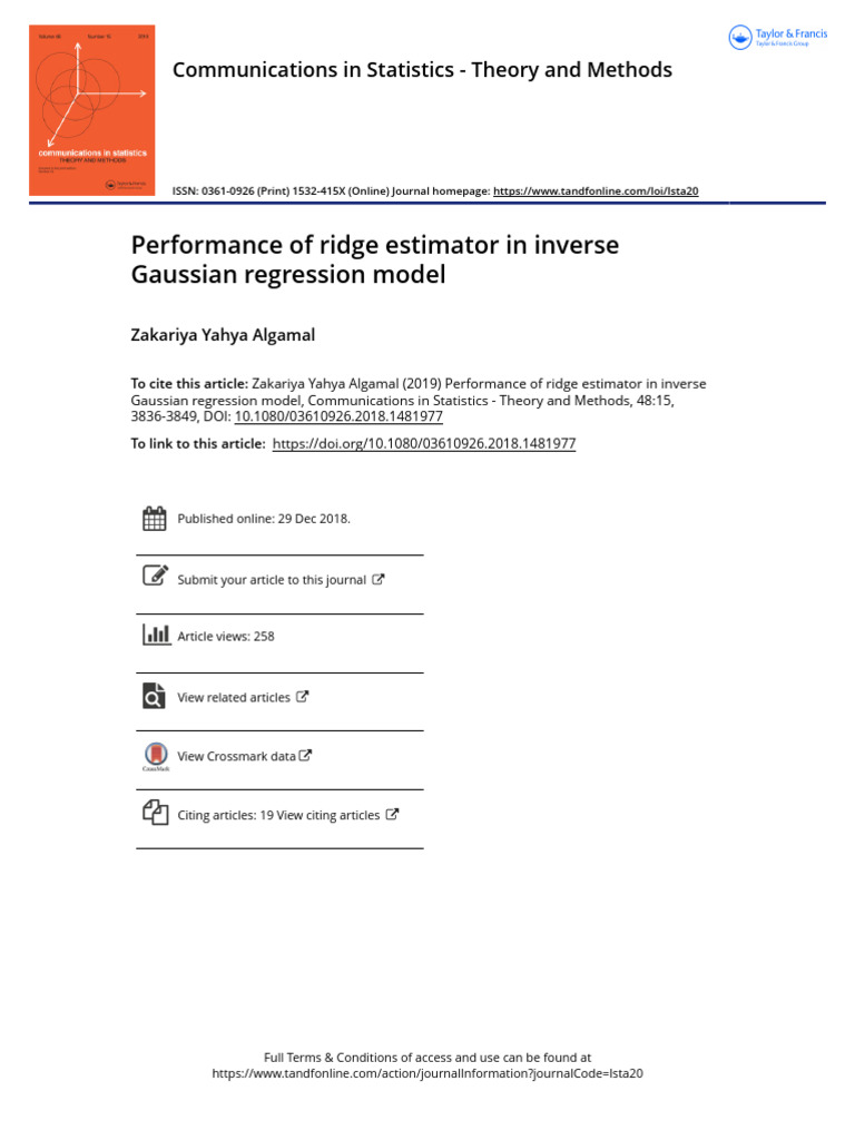 Performance of Ridge Estimator in Inverse Gaussian Regression Model | PDF | Regression Analysis ...