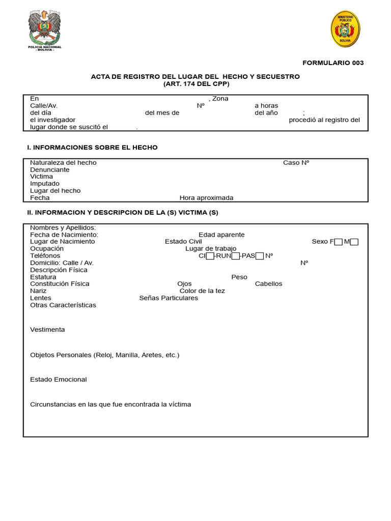 FORMULARIO 003 Registro Lugar Del Hecho y Secuestro | PDF
