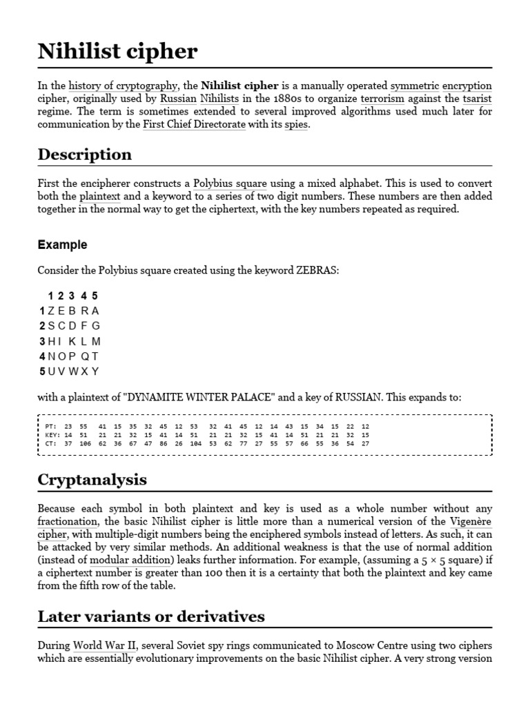 Nihilist Cipher | PDF | Telecommunications | Secrecy