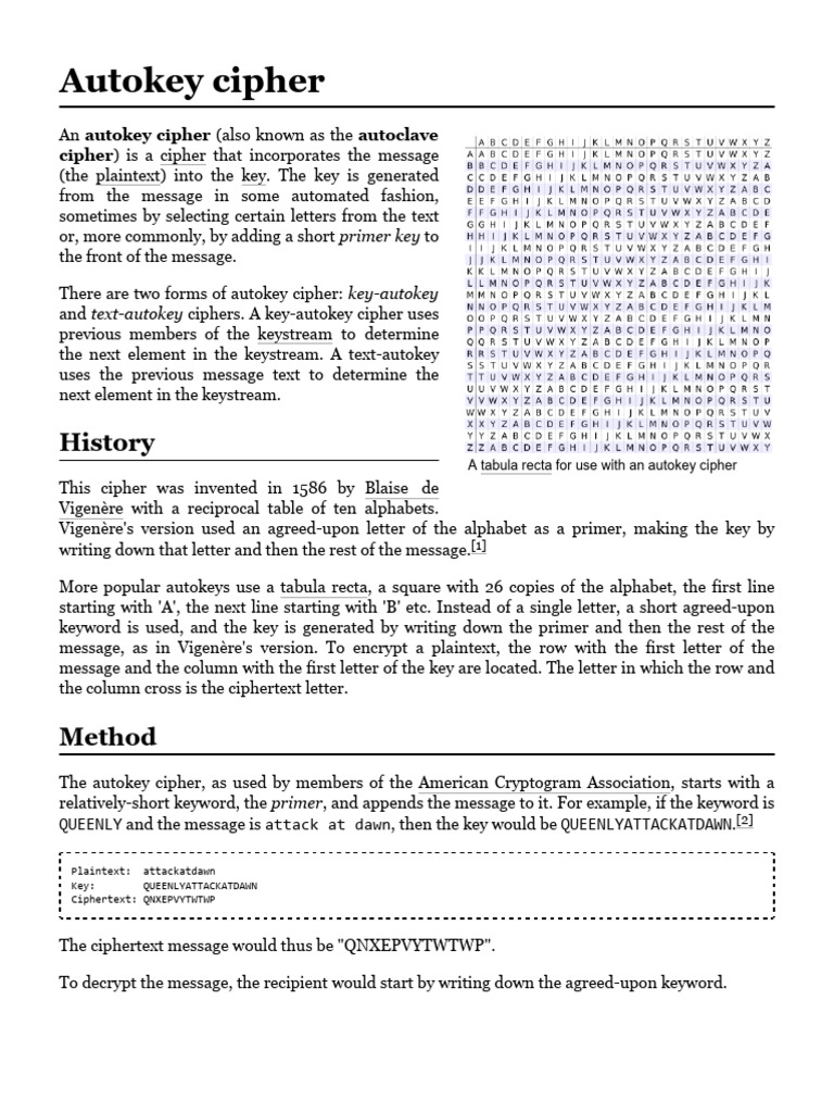 Autokey Cipher - Autocifrado | PDF | Computer Security | Security Autokey Cipher - Autocifrado | PDF | Computer Security | Security