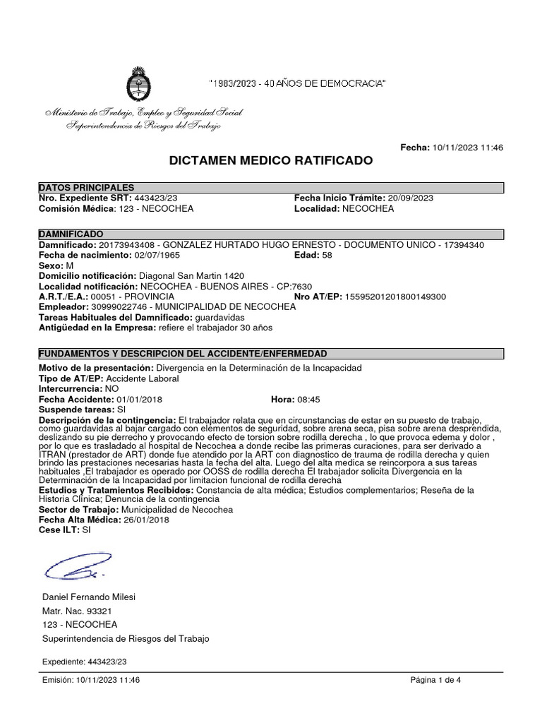 Dictamen Medico RATIFICADO POR CMJ | PDF | Rodilla | Sistema musculoesquelético