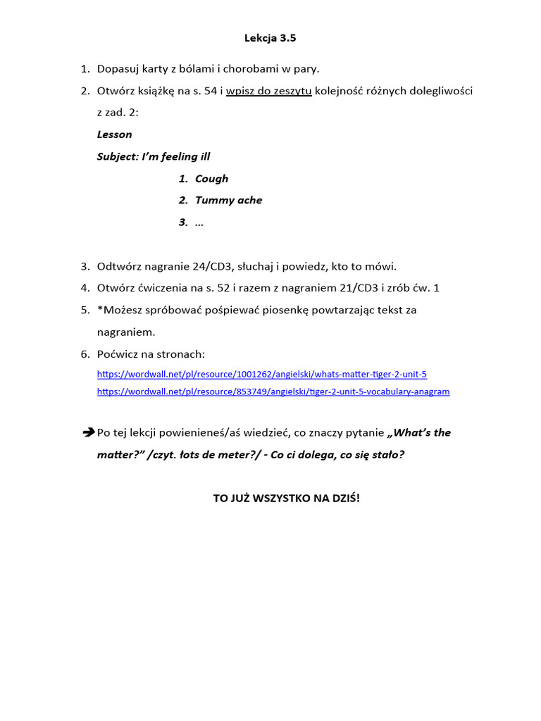 Lesson Subject: I'm Feeling Ill 1. Cough 2. Tummy Ache 3. : Lekcja 3.5 | PDF