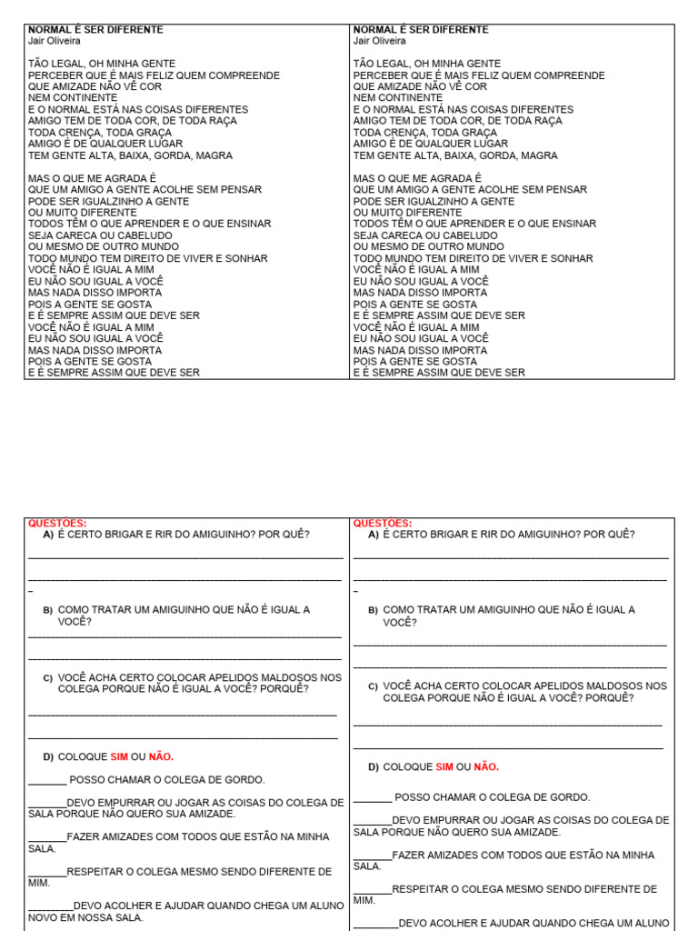 LETRA DA MUSICA NORMAL É SER DIFERENTE | PDF