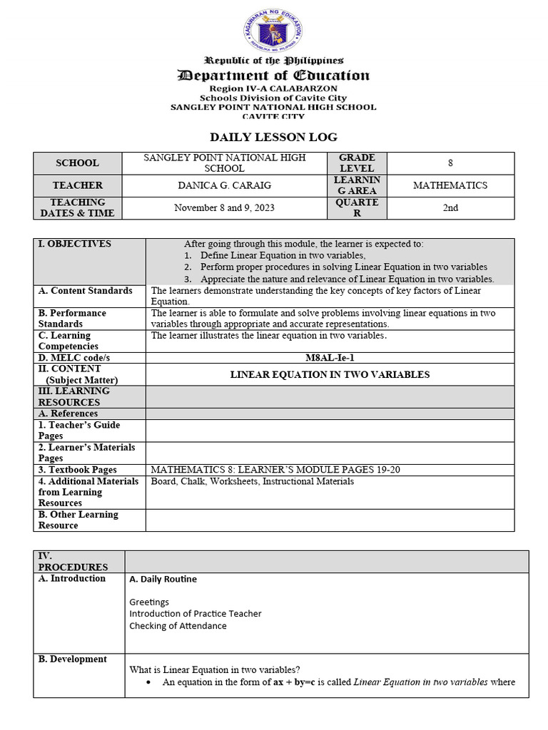 Grade 8 Linear Equations Lesson Plan | PDF | Equations | Variable (Mathematics)