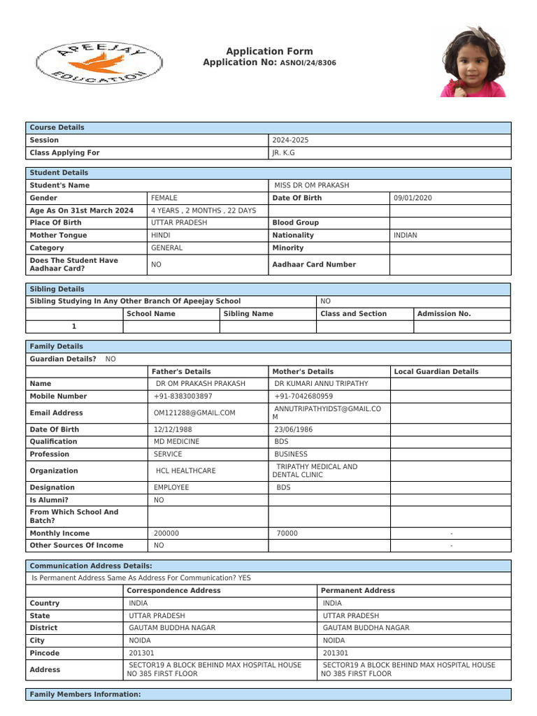 Application Form ASNOI 24 8306 | PDF | Child Care | Dental Degree