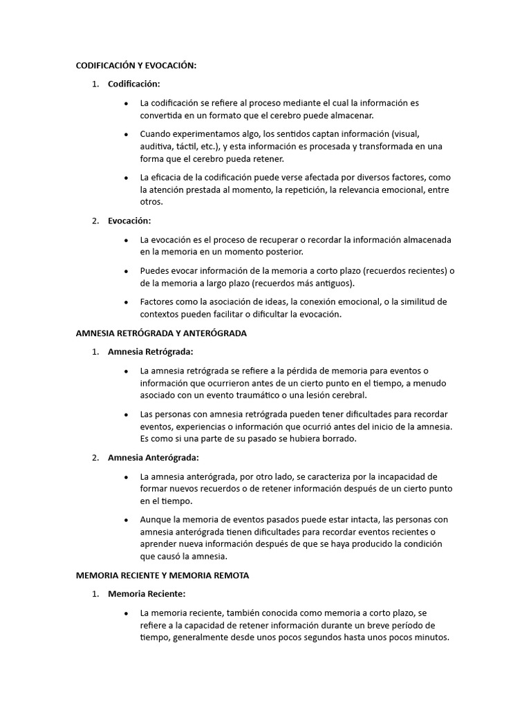 Codificación Y Evocación Pdf Memoria Amnesia