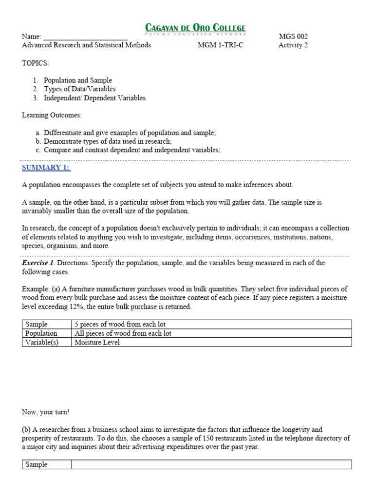 Activity 2 Population and Sample Types of Data/Variables Independent ... Activity 2 Population and Sample Types of Data/Variables Independent ...