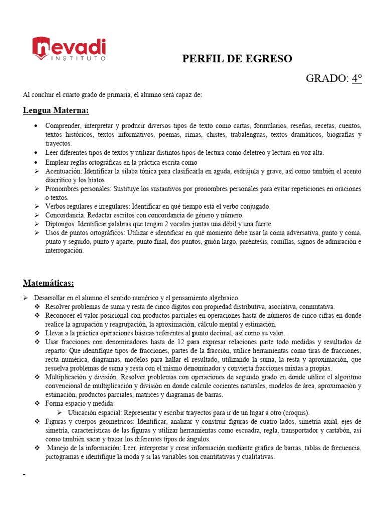 Perfil de Egreso CUARTO GRADO INI | PDF | Lingüística | Matemáticas