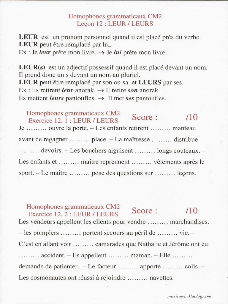 CM2 Les Homophones Leur Leurs | PDF
