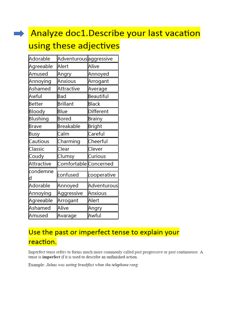 Last Vacation Adjectives and Reactions | PDF