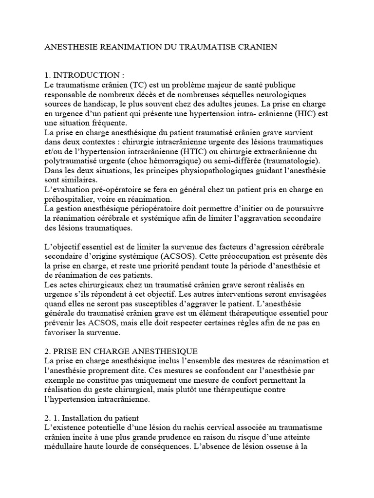 cours anest cranien | PDF | Traumatisme crânien | Médecine de soins intensifs