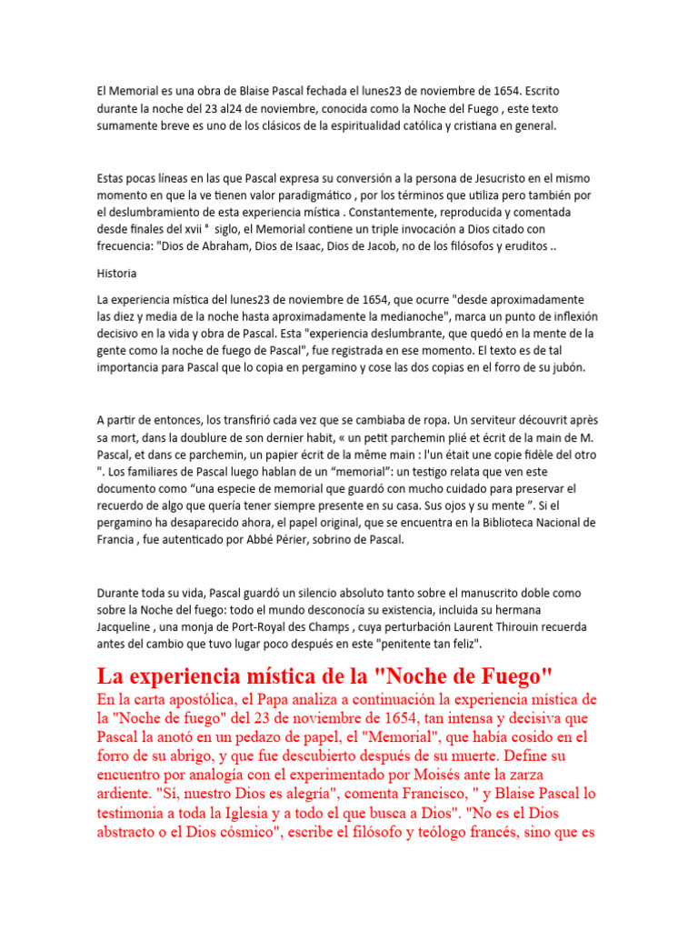 El Memorial Es Una Obra de Blaise Pascal Fechada El Lunes23 de ...