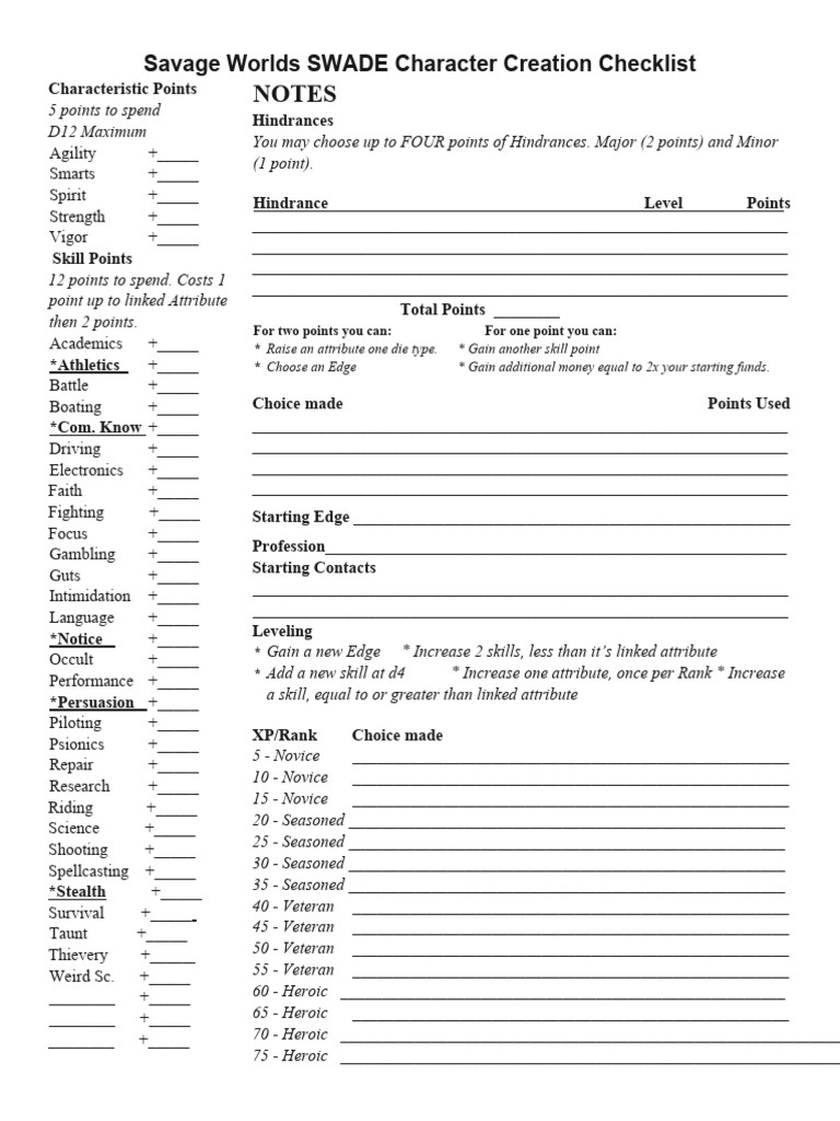 Savage Worlds SWADE Character Checklist | PDF