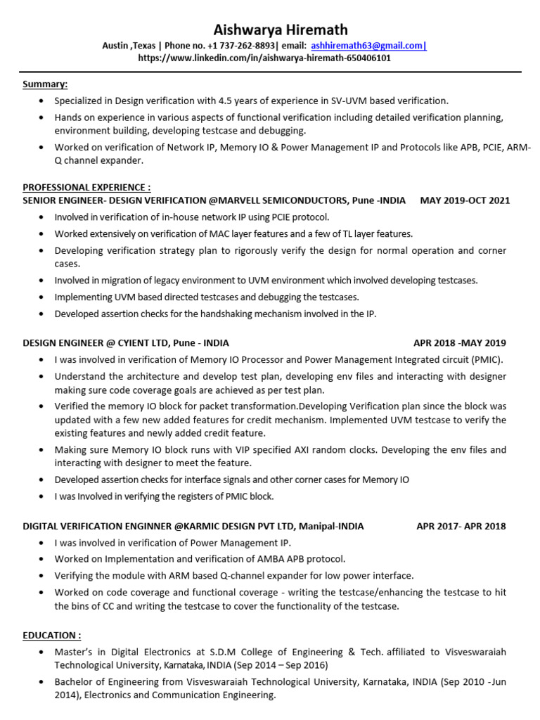 Aishwarya Hiremath Verification Engineer 2 Pdf Internet Protocols Telecommunications