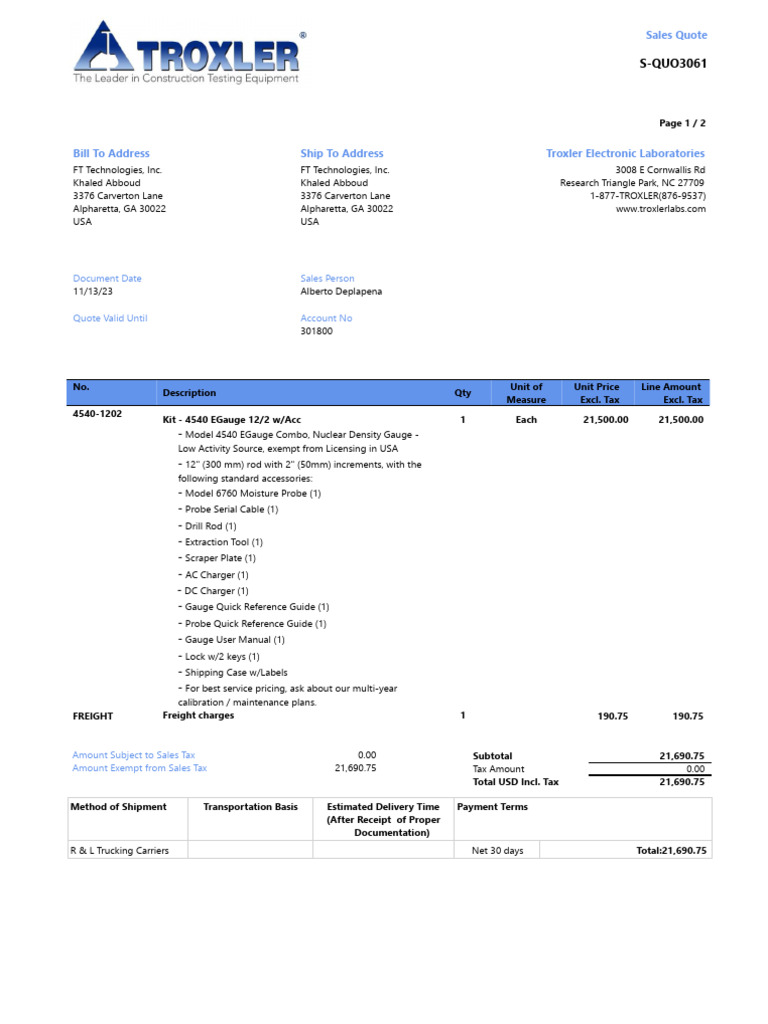 Troxler 4540 Sales Quote Summary | PDF | Receipt | Cargo