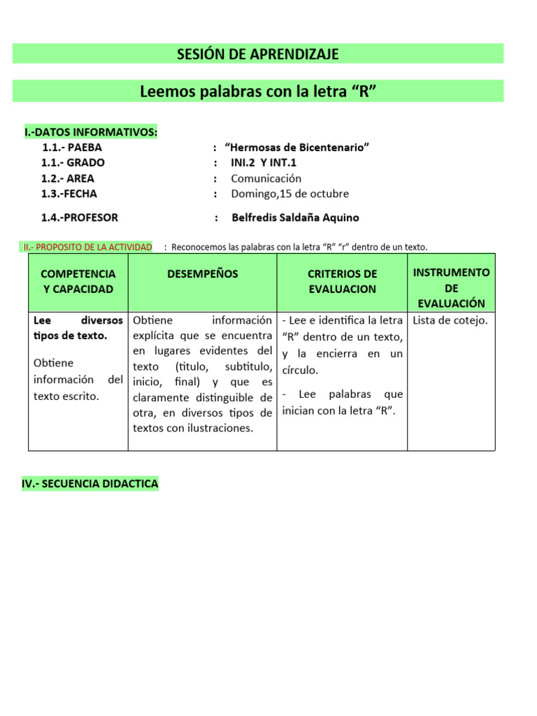 SESION DE APRENDIZAJE RECONOCEMOS LA LETRA R | PDF | Caso de carta ...