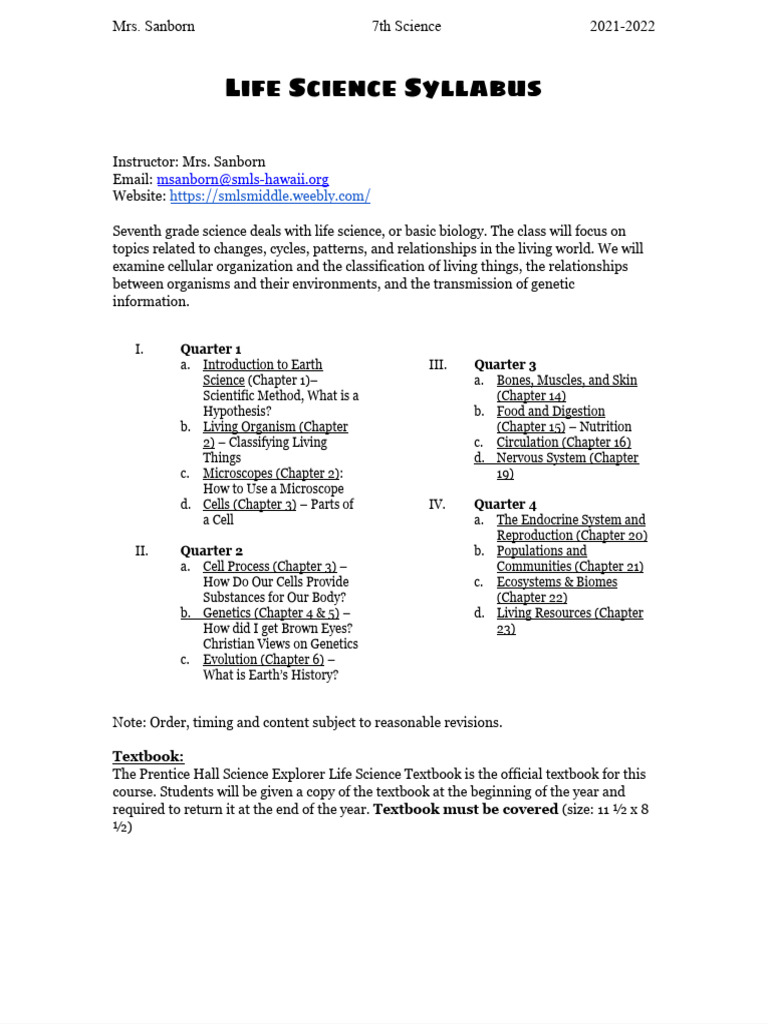 7th Grade Life Science Syllabus | PDF | Educational Assessment And ...