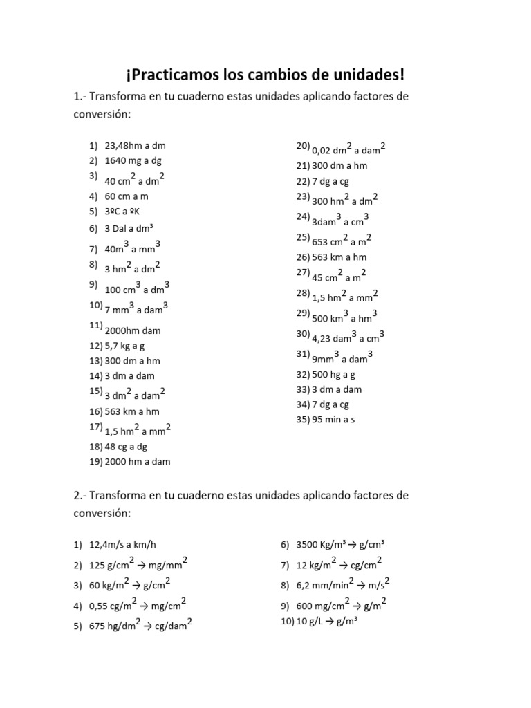 Ejercicios cambios de unidades por factores de conversión | PDF | Sistema Internacional de ...