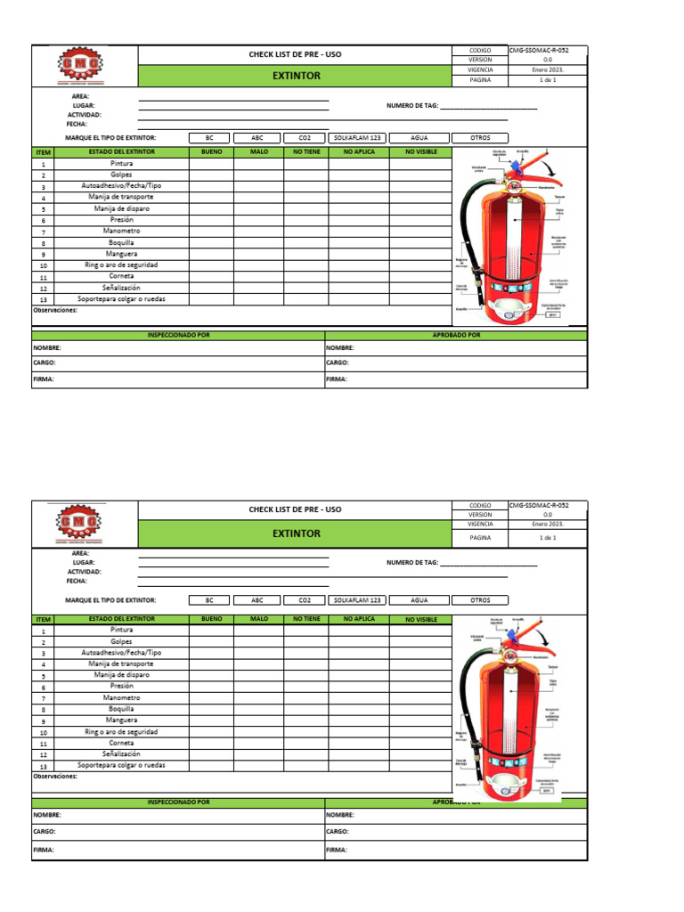 CMG-SSOMAC-R-052 Check List Pre-Uso de Extintor | PDF | Protección ...