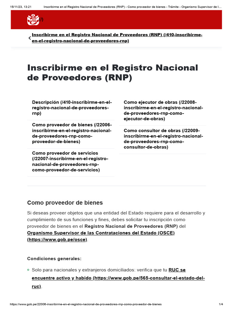 Inscribirme en El Registro Nacional de Proveedores (RNP) : Como Proveedor de Bienes | PDF