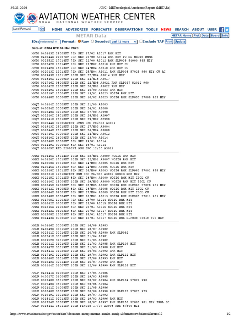 AWC - METeorological Aerodrome Reports (METARs) | Download Free PDF ...