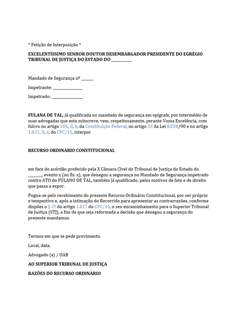Modelo de Peca Roc Recurso Ordinario Constitucional | PDF | Mandamus ... Modelo de Peca Roc Recurso Ordinario Constitucional | PDF | Mandamus ...