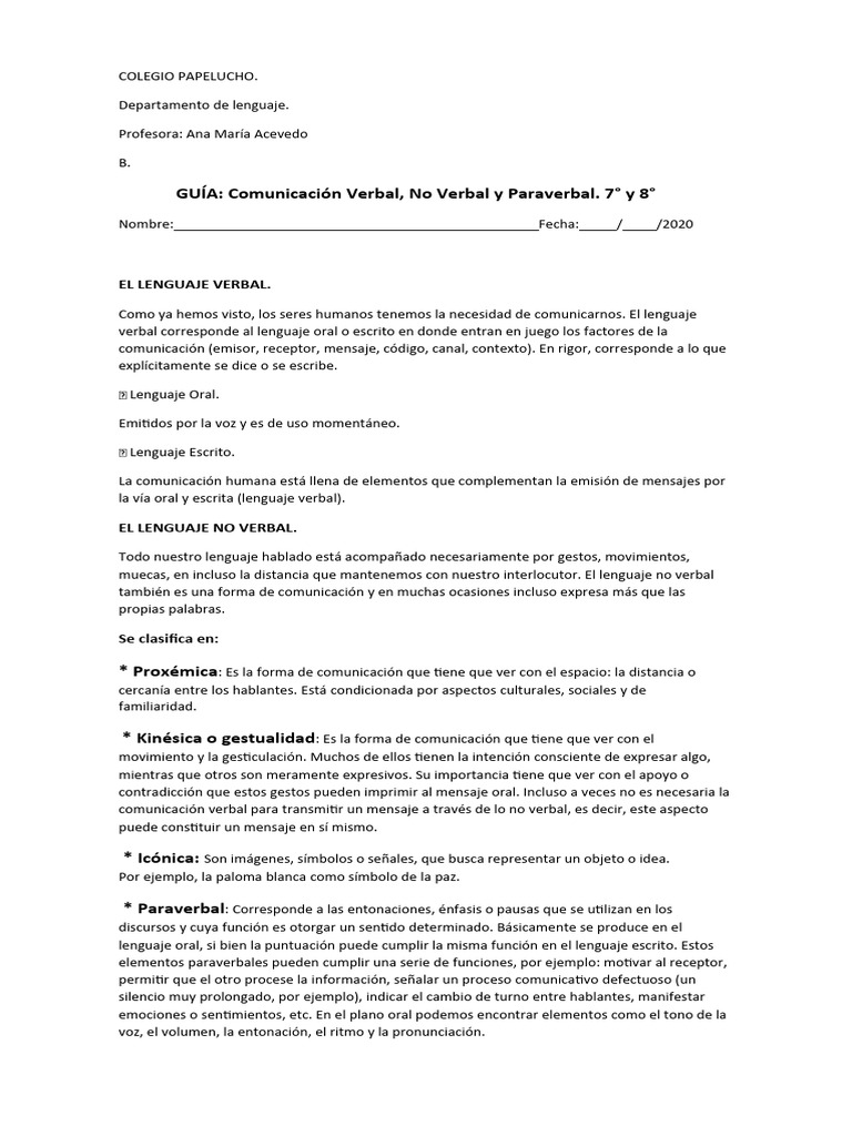 GUIA LENGUAJE PARAVERBAL,VERBAL Y NO VERBAL | PDF | Comunicación no ...