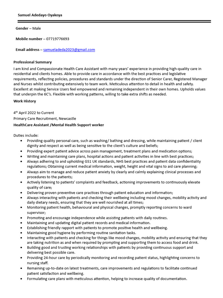 Samuel Adedayo Oyakoya CV and Cover Letter - 4 Aug 2023 | PDF | Patient ...