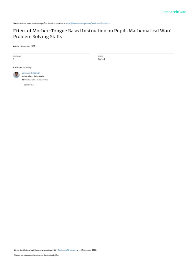 Effect of Mother-Tongue Based Instruction On Pupils Mathematical Word Problem Solving Skills ...