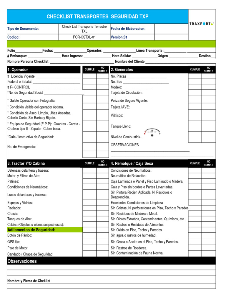 Checklist Preventivo Transporte TXP - RM | PDF | Neumático | Vehículo ...