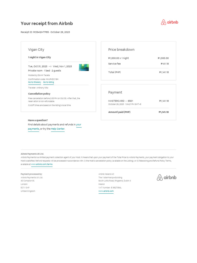 Airbnb Travel Receipt RCB4QMTP85 | PDF | Airbnb | Trade