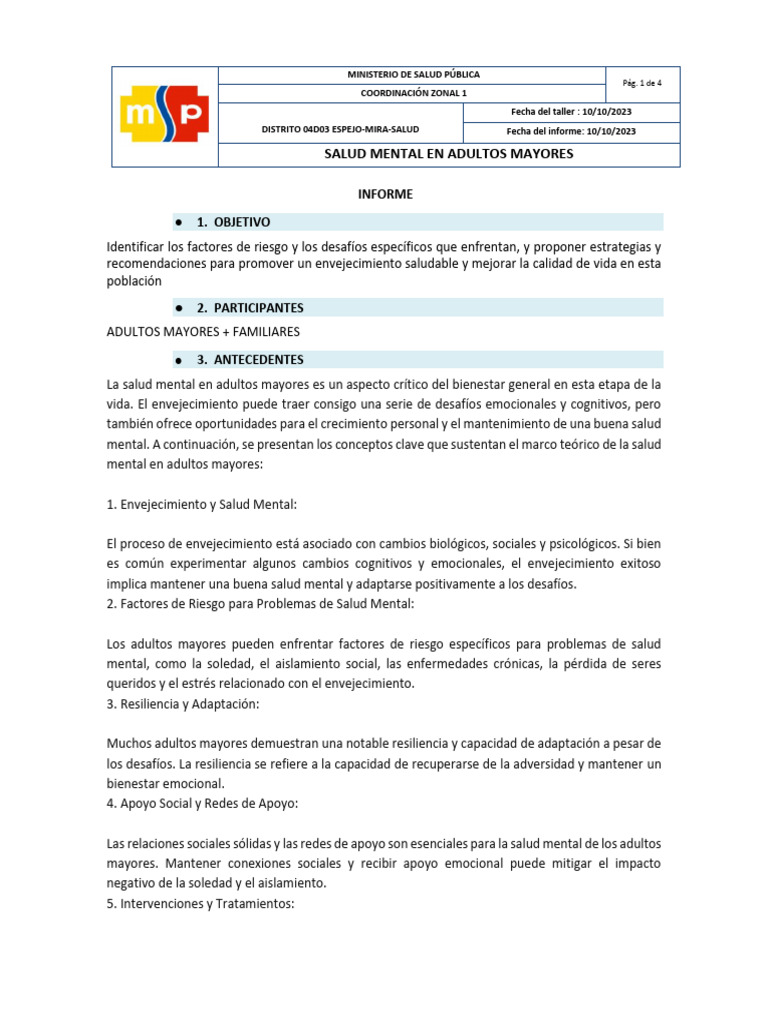 Informe Salud Mental En Adultos Mayores Pdf Adultos Salud Mental