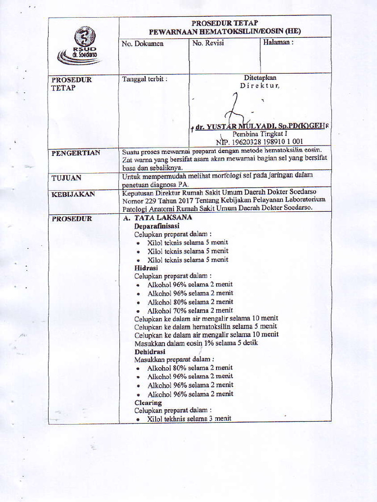 Sop 10. Pewarnaan Hematoksilin Atau Eosin He | PDF
