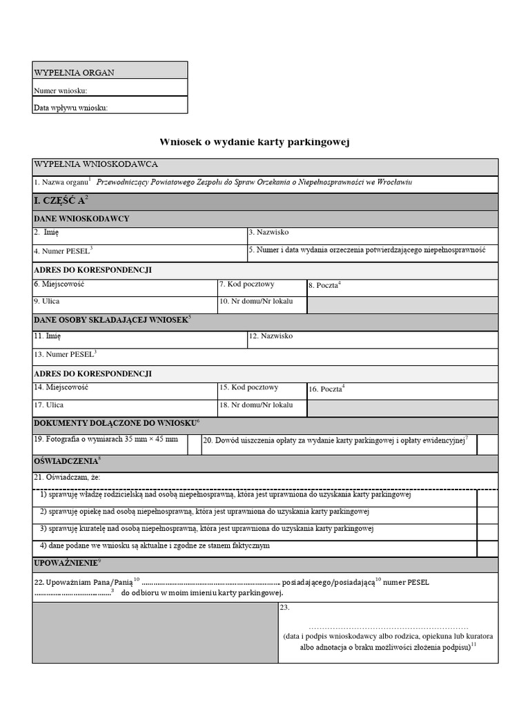 Wniosek o Kartę Parkingową | PDF